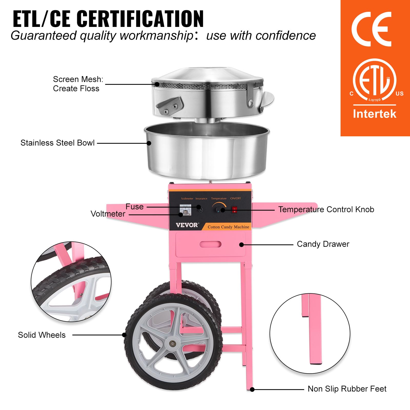 VBENLEM Commercial Cotton Candy Machine with Cart, Electric Floss Maker with Stainless Steel Bowl, Sugar Scoop and Drawer, for Family and Various Party, Pink