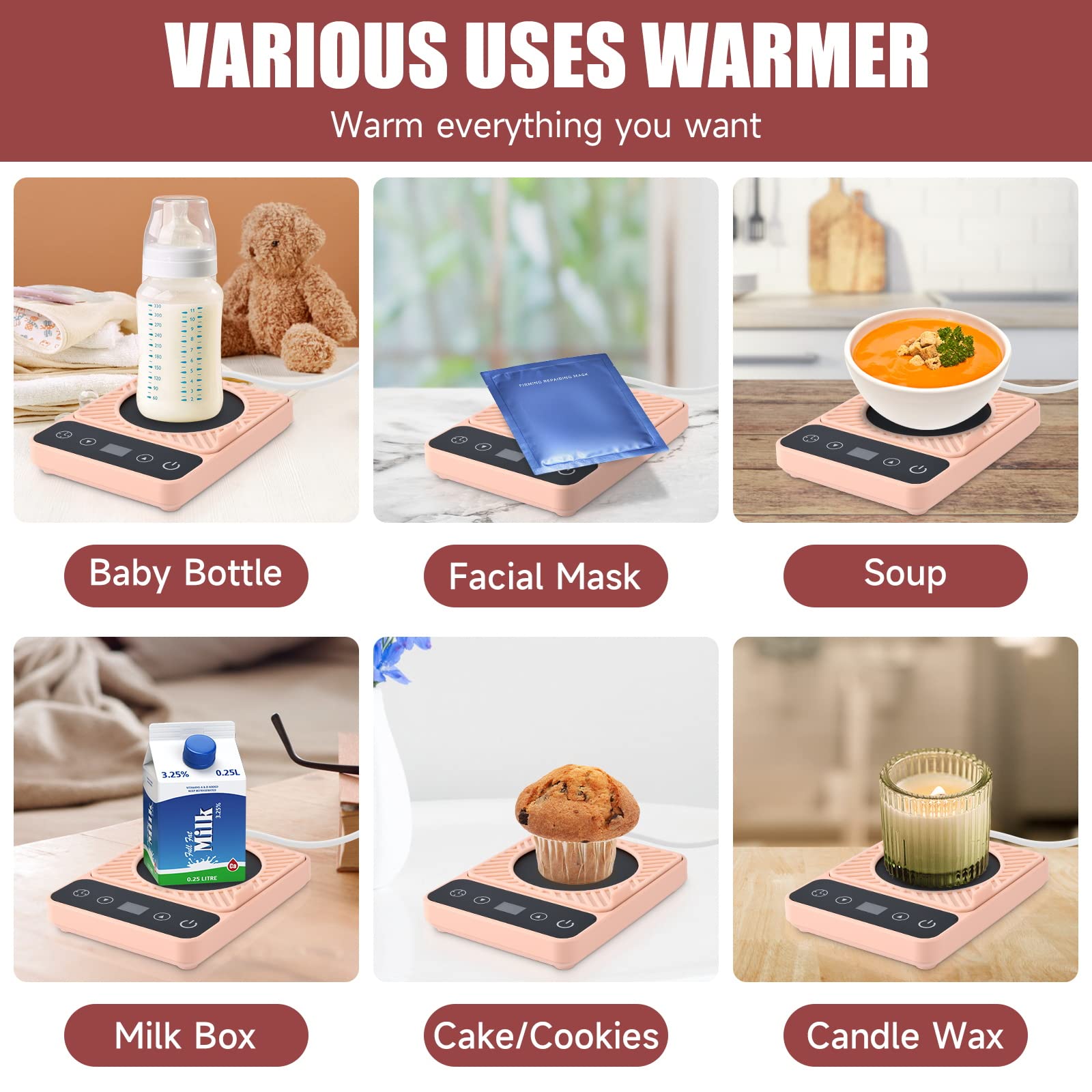 Coffee Warmer for Desk - Electric Mug Warmer, Coffee Mug Warmer with Timer, 6 Temp Mug Warmer, LED Display Smart Coffee Cup Warmer, Mug Heater for Coffee Tea Pink