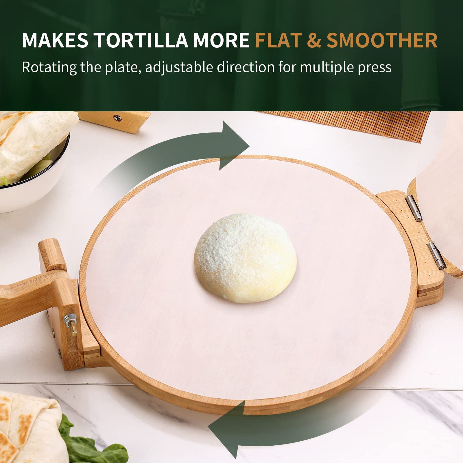 Ackitry Rotating Tortilla Press 10 Inch, Sturdy Bamboo Tortilla Maker with 100 Pcs Parchment Paper for Making Mexican Tortillera, Chapati, Comales Para Tortilla, Pataconera