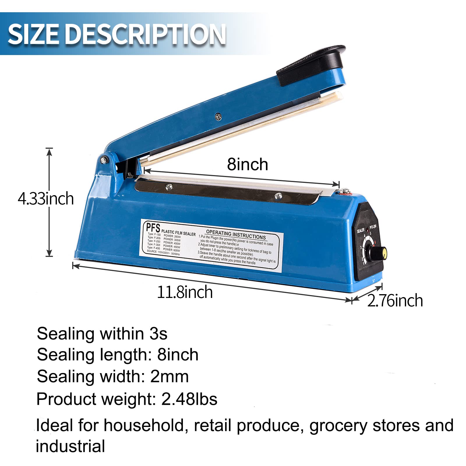 COFOETLN 8 Inch Impulse Heat Sealer, Heat Sealer for Plastic Bags, Manual Poly Bag Sealing Machine, Bag sealer Heat Seal Machine for PE PP Bags with Screwdriver and Heating Element Kit