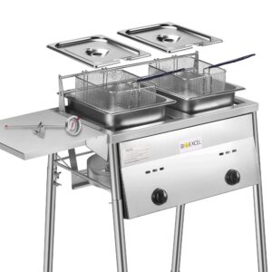 bioexcel two tank outdoor deep fryer with thermometer fish fryer, csa certified propane deep fryer with 2 stainless steel baskets and lids gas deep fryer with adjustable temperature regulator