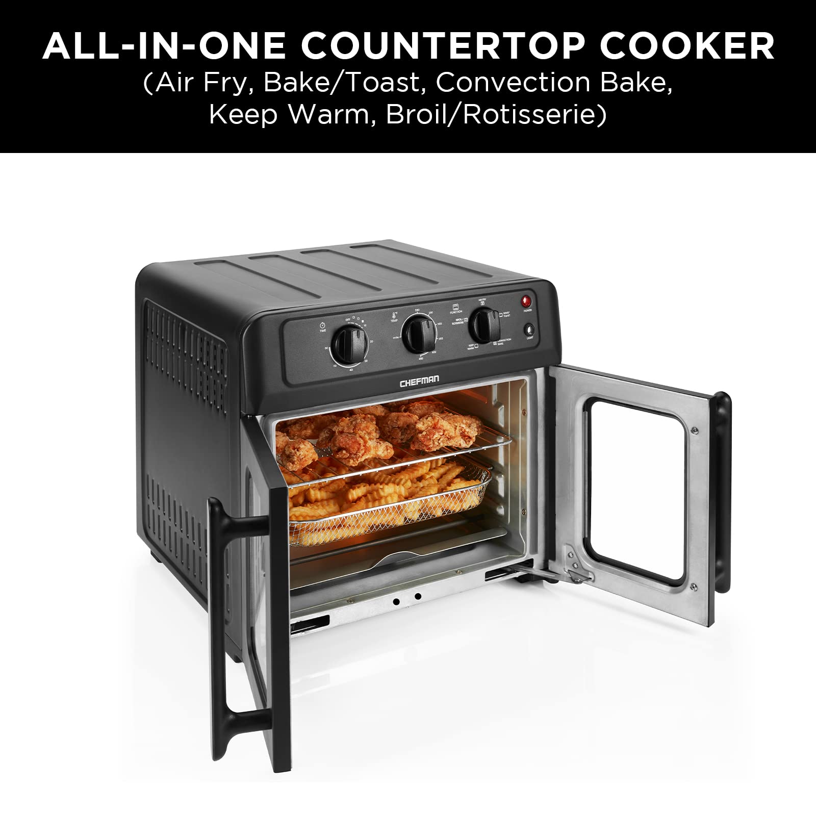 Chefman Extra Large Air Fryer and Convection Oven with French Doors and Rotisserie Spit, The Easiest Way to Cook Oil-Free, Double Wide Glass Windows Open for Convenient Access and Viewing, 24.5 Liters