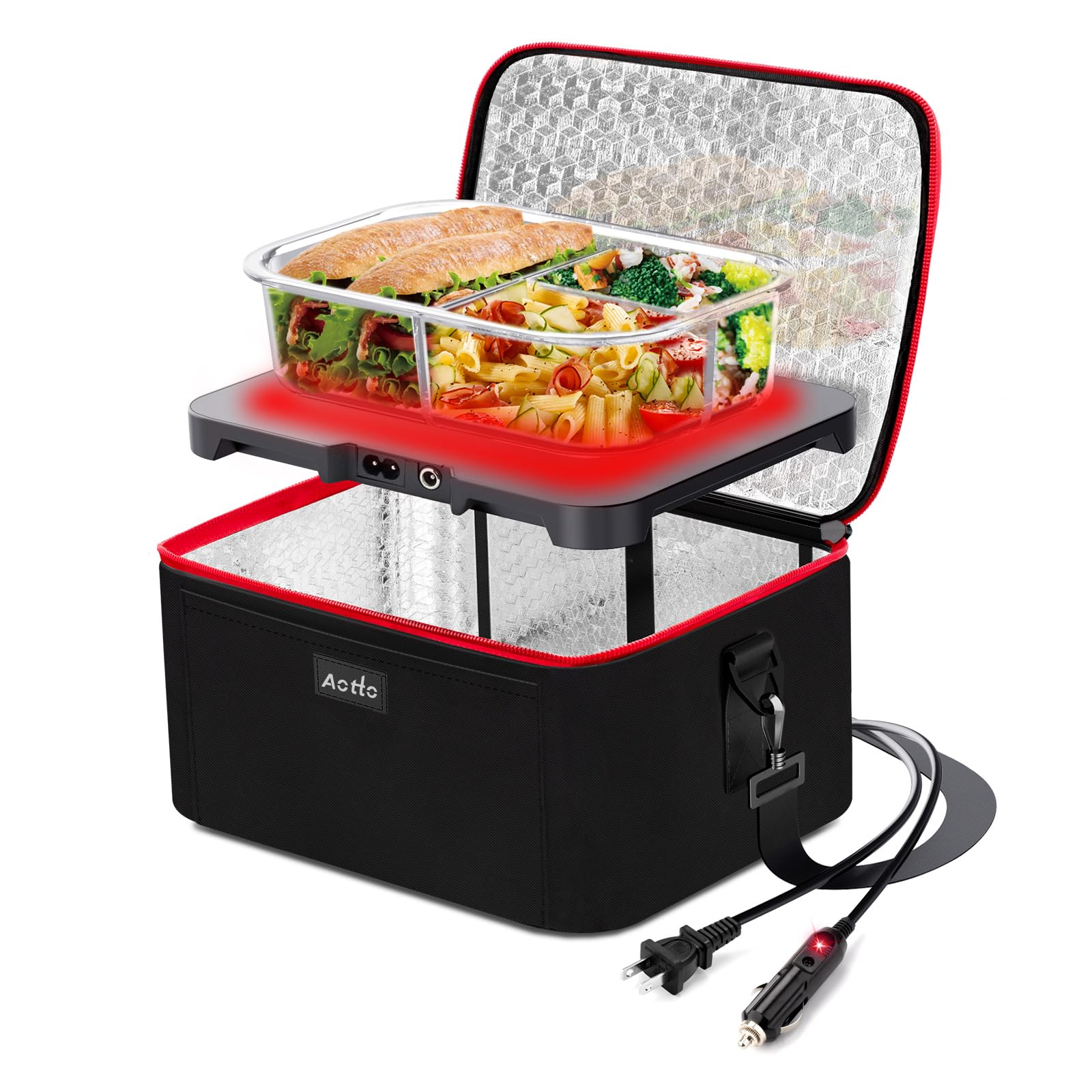 Aotto Portable Oven, 12V, 24V, 110V Food Warmer, Portable Mini Personal Microwave Heated Lunch Box Warmer for Cooking and Reheating Food in Car, Truck, Travel, Camping, Work, Home, Black-Red