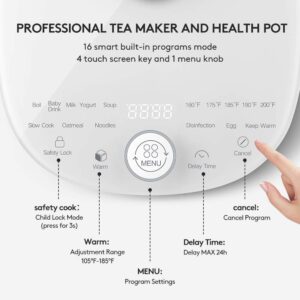 ICOOKPOT Programmable Electric Glass Kettle - 2 Liter Stainless Steel Tea Maker and Yogurt Maker with Tea Infuser, Egg Cooker and Temperature Control, WHITE