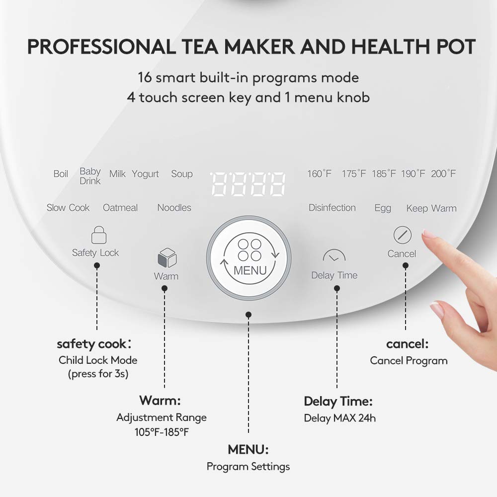 ICOOKPOT Programmable Electric Glass Kettle - 2 Liter Stainless Steel Tea Maker and Yogurt Maker with Tea Infuser, Egg Cooker and Temperature Control, WHITE