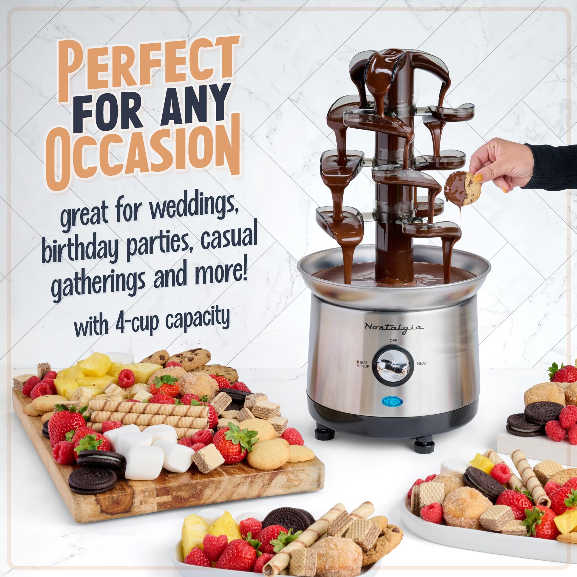 Nostalgia 4 Tier Electric Chocolate Fondue Fountain Machine for Parties - Melts Cheese, Queso, Candy, and Liqueur - Dip Strawberries, Apple Wedges, Vegetables, and More - 32-Ounce - Stainless Steel