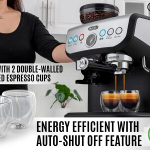 Zulay Kitchen Magia Manual Espresso Machine with Grinder and Milk Frother - 15 Bar Pressure Pump Cappuccino Machine - Latte Machine - & Extra Large 2L Removable Water Tank