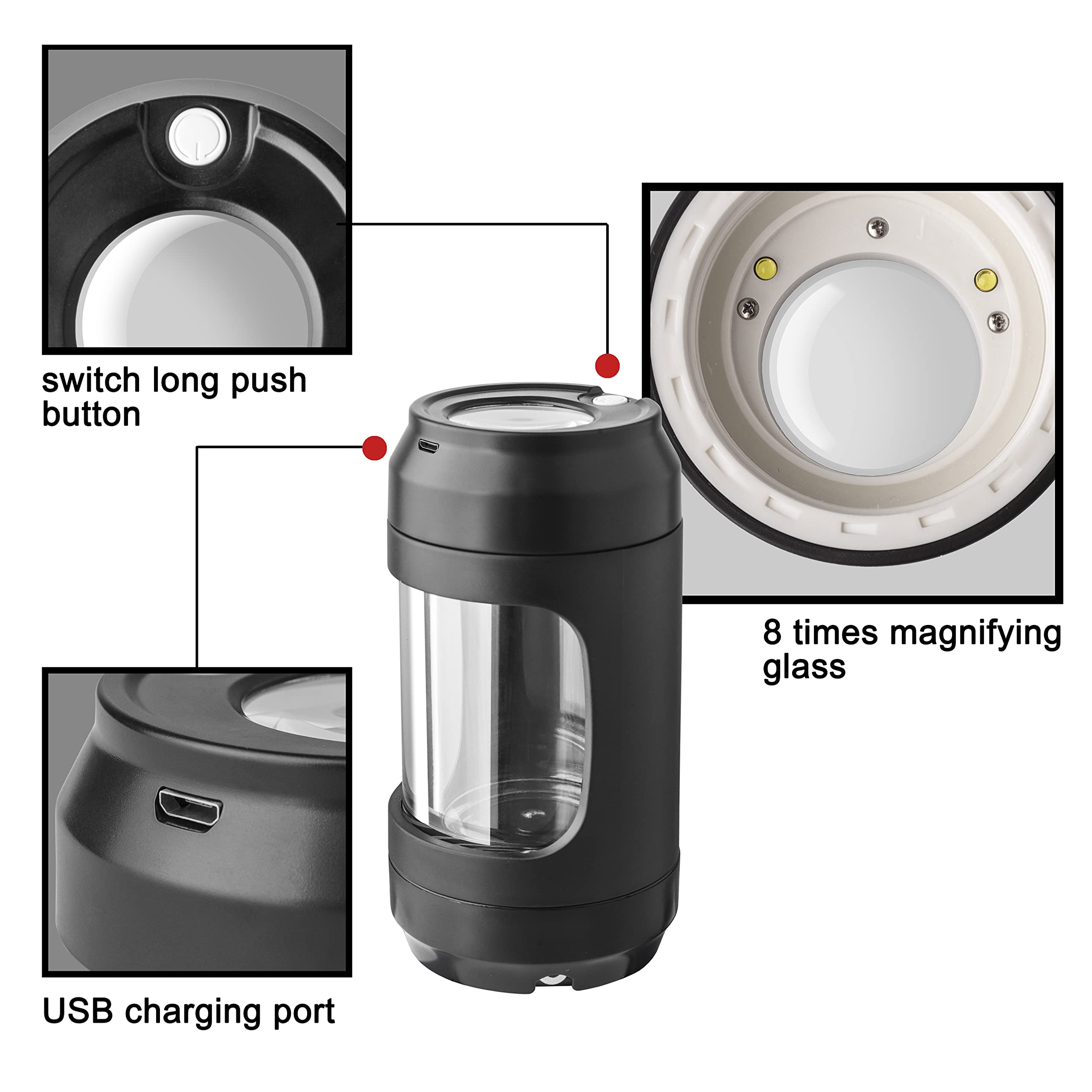 Free Boy Manual Grinder with Light-Up Storage Jars,8 Times Magnifying Viewing Jar,Stash Jar and Grinding,Black