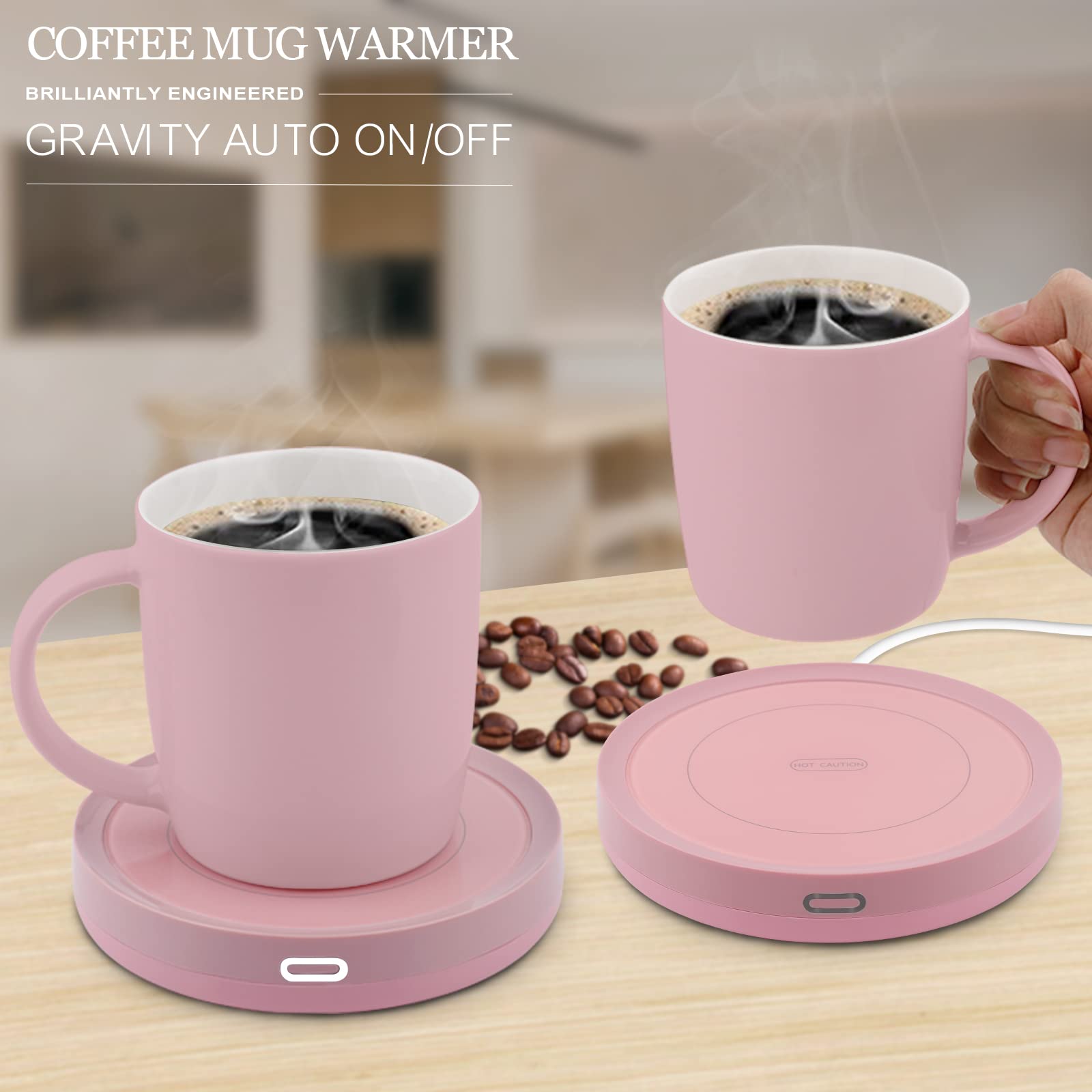 BESTINNKITS Smart Coffee Set Auto On/Off Gravity-Induction Mug Office Desk Use, Candle Wax Cup Warmer Heating Plate (Up to 131F/55C), 14oz (Pink Set)