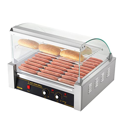 VEVOR Hot Dog Roller, 11 Rollers 30 Hot Dogs Capacity, 1650W Stainless Sausage Grill Cooker Machine with Dual Temp Control Glass Hood Acrylic Cover Bun Warmer Shelf Removable Drip Tray, ETL Certified