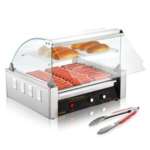 vevor hot dog roller, 11 rollers 30 hot dogs capacity, 1650w stainless sausage grill cooker machine with dual temp control glass hood acrylic cover bun warmer shelf removable drip tray, etl certified