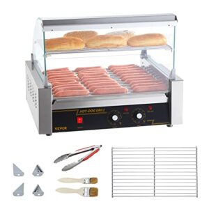 VEVOR Hot Dog Roller, 11 Rollers 30 Hot Dogs Capacity, 1650W Stainless Sausage Grill Cooker Machine with Dual Temp Control Glass Hood Acrylic Cover Bun Warmer Shelf Removable Drip Tray, ETL Certified