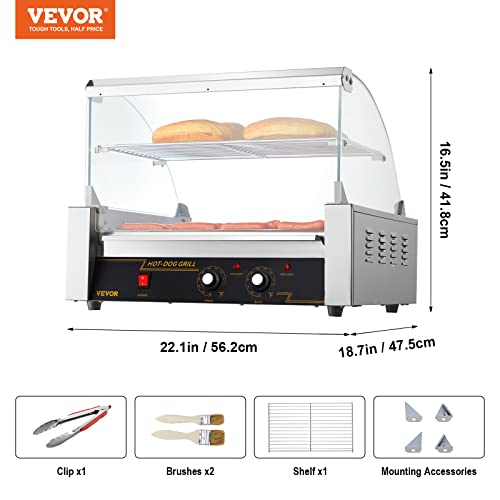 VEVOR Hot Dog Roller, 11 Rollers 30 Hot Dogs Capacity, 1650W Stainless Sausage Grill Cooker Machine with Dual Temp Control Glass Hood Acrylic Cover Bun Warmer Shelf Removable Drip Tray, ETL Certified