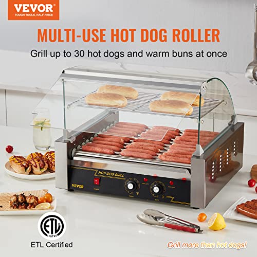 VEVOR Hot Dog Roller, 11 Rollers 30 Hot Dogs Capacity, 1650W Stainless Sausage Grill Cooker Machine with Dual Temp Control Glass Hood Acrylic Cover Bun Warmer Shelf Removable Drip Tray, ETL Certified