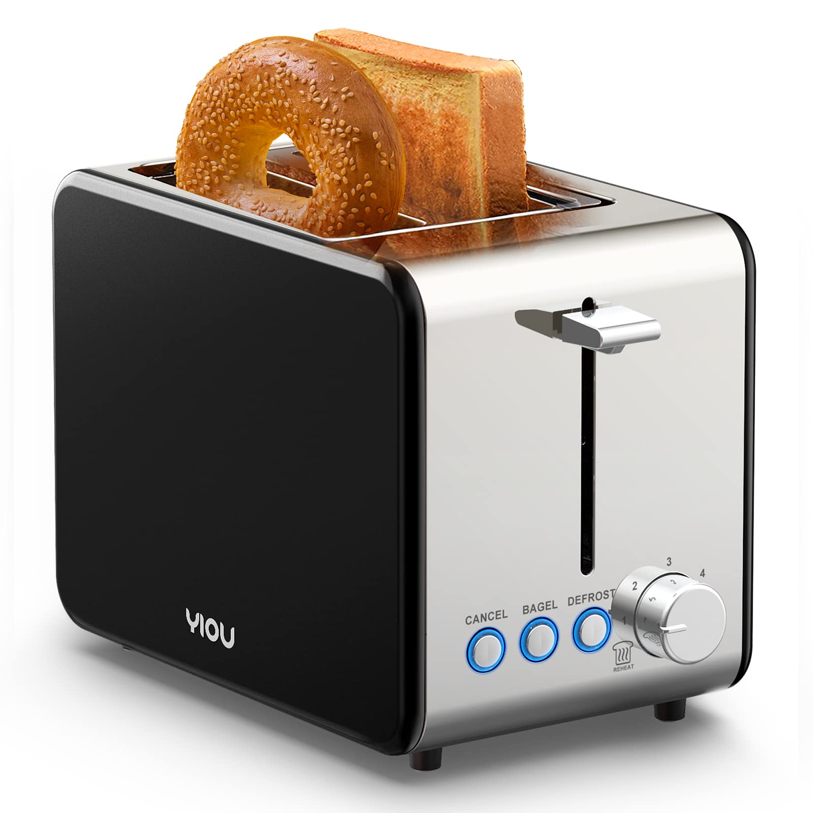 YIOU Toaster 2 Slice Stainless Steel 2 Slice Toaster 1.5 Inch Extra Wide Slots 6 Browning Setting Toaster Bagel Toaster Reheat Defrost Cancel Function Removable Crumb Tray Easy Cleaning T2S-Black