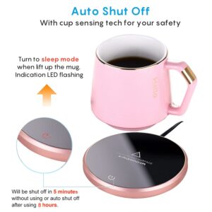 Coffee Mug Warmer & Mug Set, KRGMNHR Smart Coffee Warmer for Desk with Auto Shut Off, Infrared Sensor Technology for Double Safety, Ideal for Gift, Coffee, Tea, Hot Cocoa, Rose Gold Set