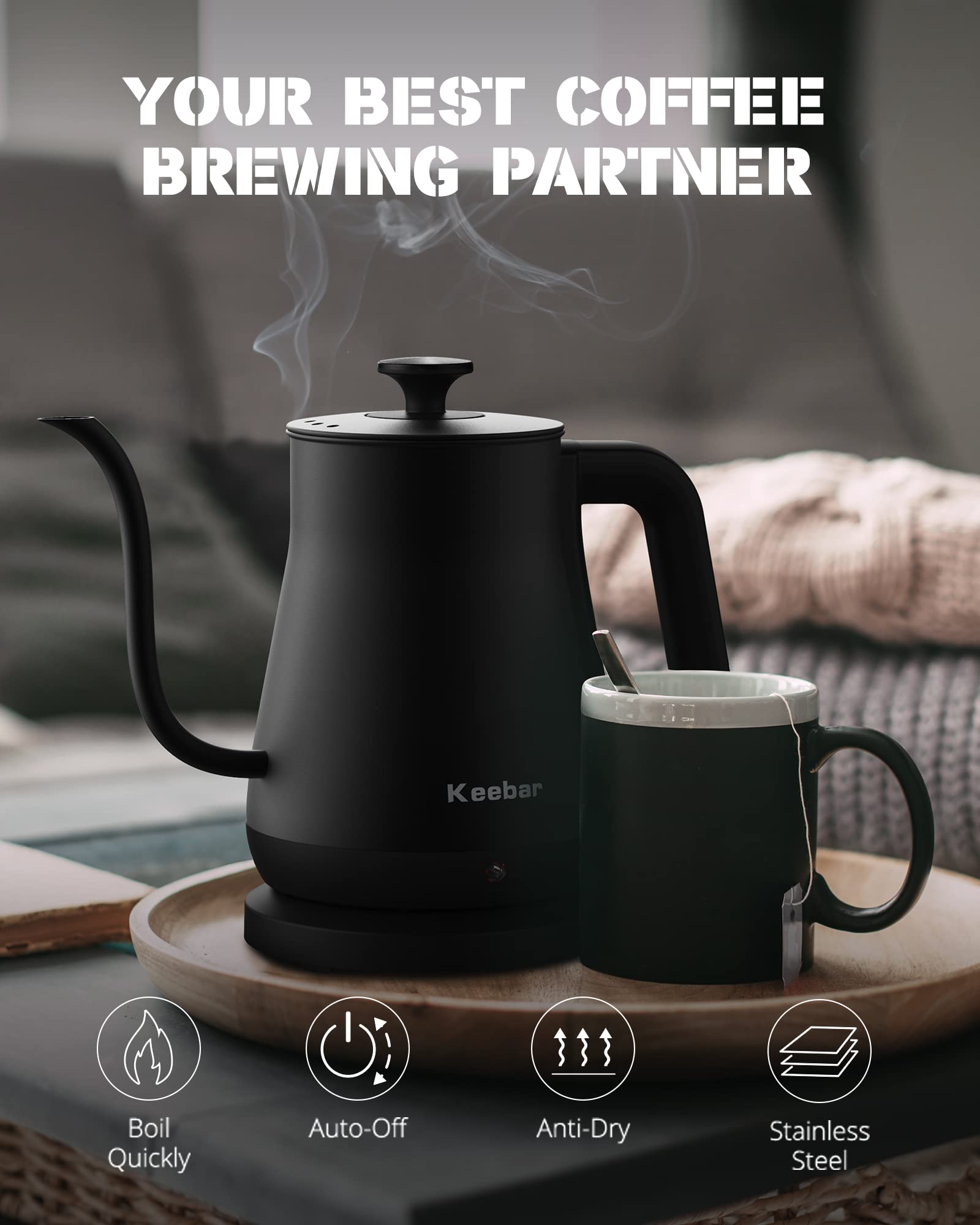 Electric Gooseneck Kettle, Pour Over Kettle & Tea Kettle with 5 Variable Temperature Presets, 304 Stainless Steel, LCD Touch Screen, 1000 Watt Quick Heating, 0.8L, Matte Black, XH-ZCQ07B-B