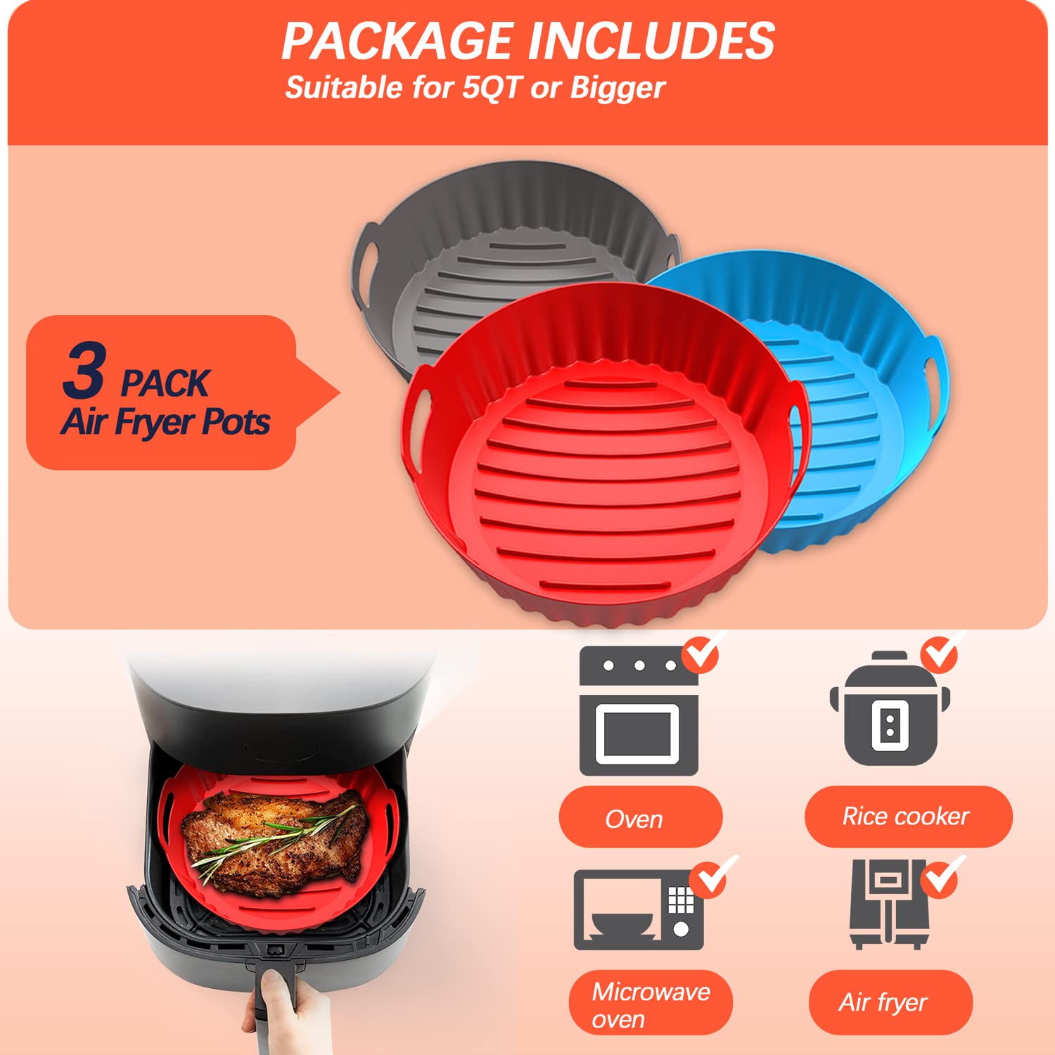 Silicone Air Fryer Liners, 3Pcs 8.6inch Air Fryer Silicone Pot Set Replacement of Parchment Paper Liners Heat Resistant Reusable Air Fryer Silicone Basket Fits 5Qt or Bigger Air Fryers, Black+Red+Blue