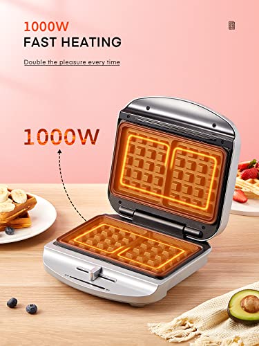 FOHERE Waffle Maker Belgian 1000W, 2 Slice Waffle Iron with Browning Control, Nonstick Plates, Indicator Lights, Cord-Storage