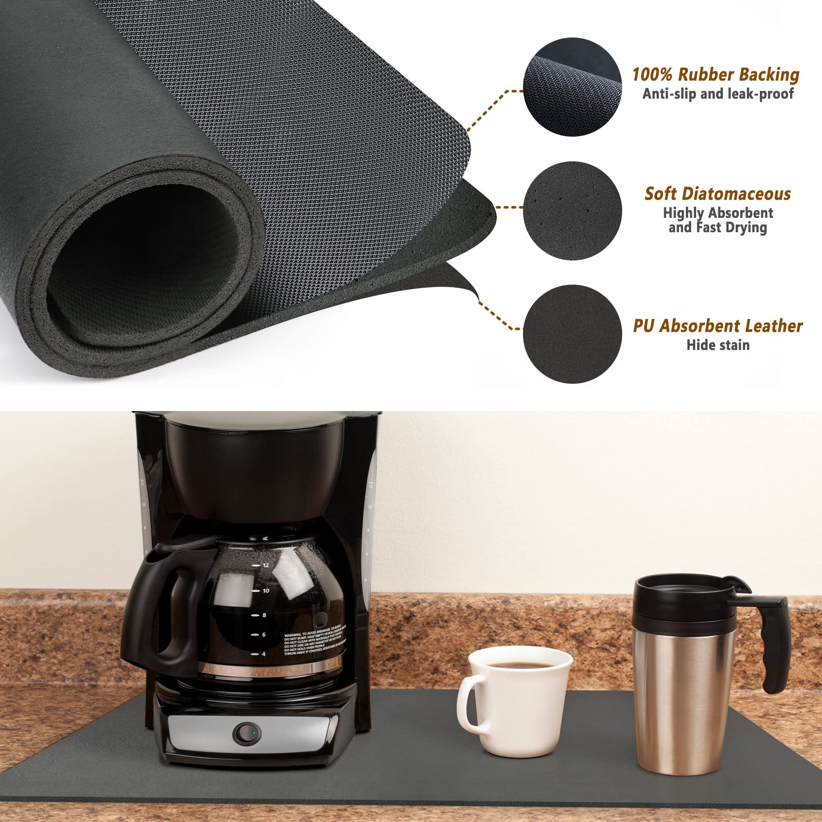 12" X 19" Coffee Mat for Countertops : Super Absorbent Versatile Coffee Bar Accessories for Coffee Makers, Espresso Machines, and Dish Drying， Black