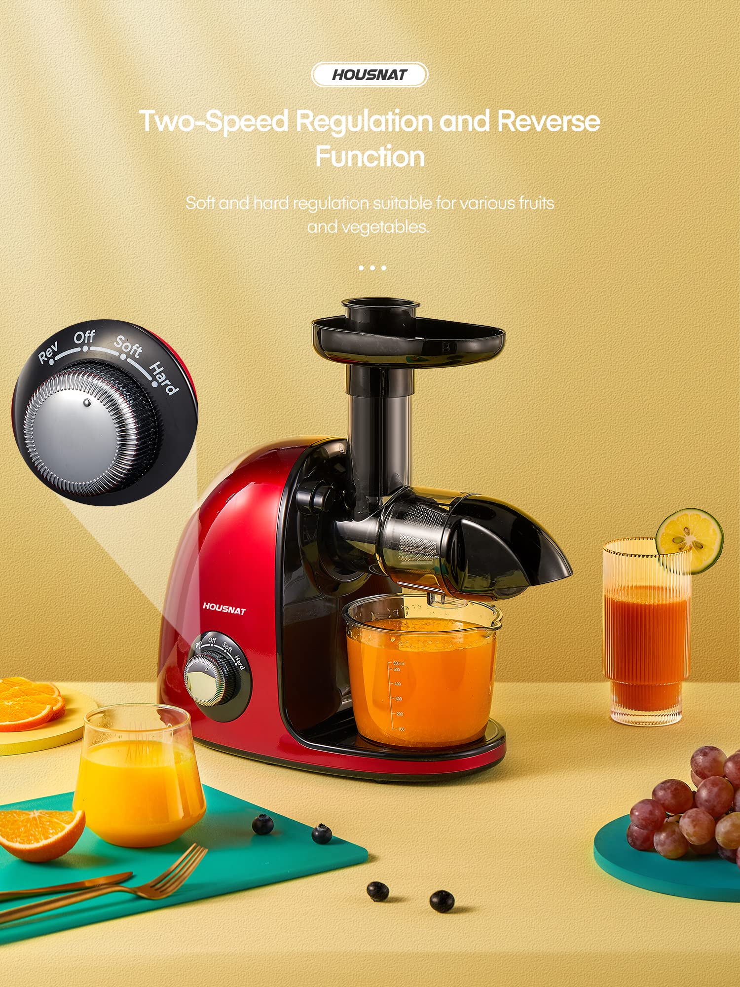 Juicer Machines Vegetable and Fruit, HOUSNAT Cold Press Juicer Extractor with 2-Speed Modes Easy to Clean, Slow Masticating Juicer with Quiet Motor, Reverse Function, Recipes (Passion Red)