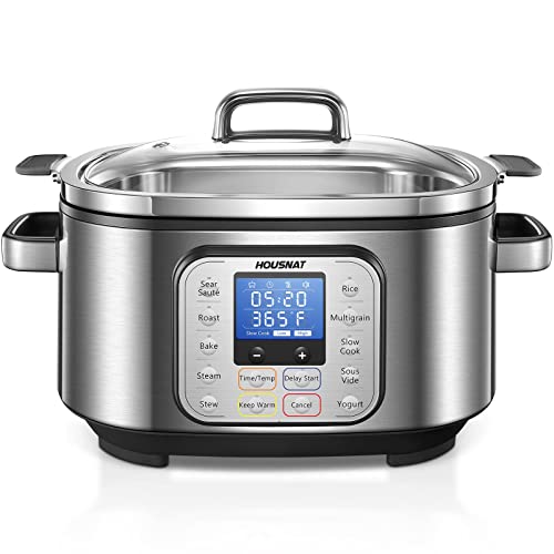 Slow Cooker, HOUSNAT 10 in 1 Programmable Cooker, 6Qt Stainless Steel, Rice Cooker, Yogurt Maker, Delay Start, Steaming Rack and Glass Lid, Adjustable Temp&Time for Slow Cook with Digital Timer