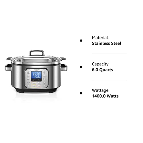 Slow Cooker, HOUSNAT 10 in 1 Programmable Cooker, 6Qt Stainless Steel, Rice Cooker, Yogurt Maker, Delay Start, Steaming Rack and Glass Lid, Adjustable Temp&Time for Slow Cook with Digital Timer