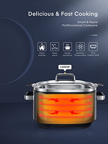 Slow Cooker, HOUSNAT 10 in 1 Programmable Cooker, 6Qt Stainless Steel, Rice Cooker, Yogurt Maker, Delay Start, Steaming Rack and Glass Lid, Adjustable Temp&Time for Slow Cook with Digital Timer