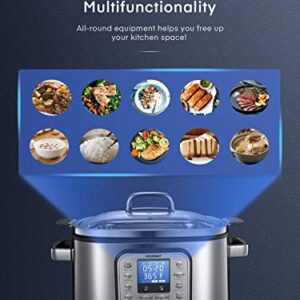 Slow Cooker, HOUSNAT 10 in 1 Programmable Cooker, 6Qt Stainless Steel, Rice Cooker, Yogurt Maker, Delay Start, Steaming Rack and Glass Lid, Adjustable Temp&Time for Slow Cook with Digital Timer