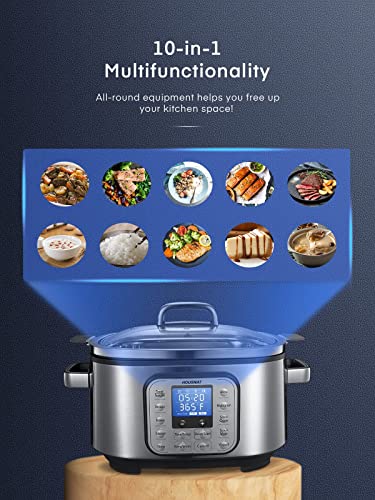 Slow Cooker, HOUSNAT 10 in 1 Programmable Cooker, 6Qt Stainless Steel, Rice Cooker, Yogurt Maker, Delay Start, Steaming Rack and Glass Lid, Adjustable Temp&Time for Slow Cook with Digital Timer