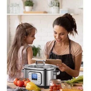 Slow Cooker, HOUSNAT 10 in 1 Programmable Cooker, 6Qt Stainless Steel, Rice Cooker, Yogurt Maker, Delay Start, Steaming Rack and Glass Lid, Adjustable Temp&Time for Slow Cook with Digital Timer