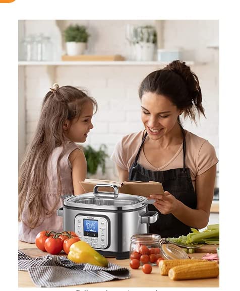 Slow Cooker, HOUSNAT 10 in 1 Programmable Cooker, 6Qt Stainless Steel, Rice Cooker, Yogurt Maker, Delay Start, Steaming Rack and Glass Lid, Adjustable Temp&Time for Slow Cook with Digital Timer