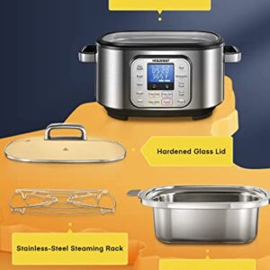 Slow Cooker, HOUSNAT 10 in 1 Programmable Cooker, 6Qt Stainless Steel, Rice Cooker, Yogurt Maker, Delay Start, Steaming Rack and Glass Lid, Adjustable Temp&Time for Slow Cook with Digital Timer