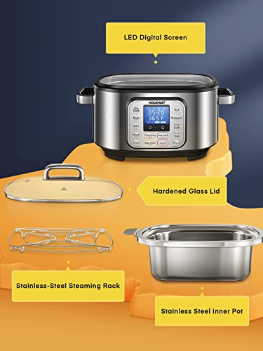 Slow Cooker, HOUSNAT 10 in 1 Programmable Cooker, 6Qt Stainless Steel, Rice Cooker, Yogurt Maker, Delay Start, Steaming Rack and Glass Lid, Adjustable Temp&Time for Slow Cook with Digital Timer