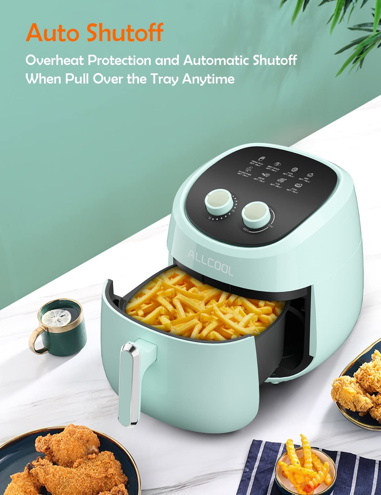 ALLCOOL Air Fryer 4.5 QT Fit for 2-4 People Easy to Use with 8 Cooking References Auto Shutoff Blue Air Fryer