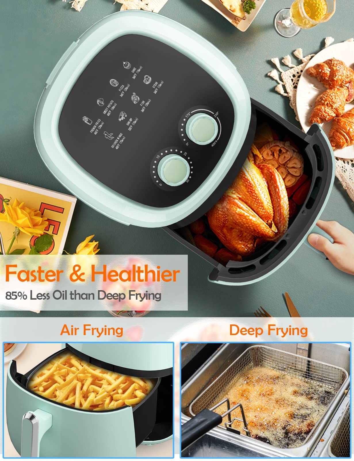 ALLCOOL Air Fryer 4.5 QT Fit for 2-4 People Easy to Use with 8 Cooking References Auto Shutoff Blue Air Fryer