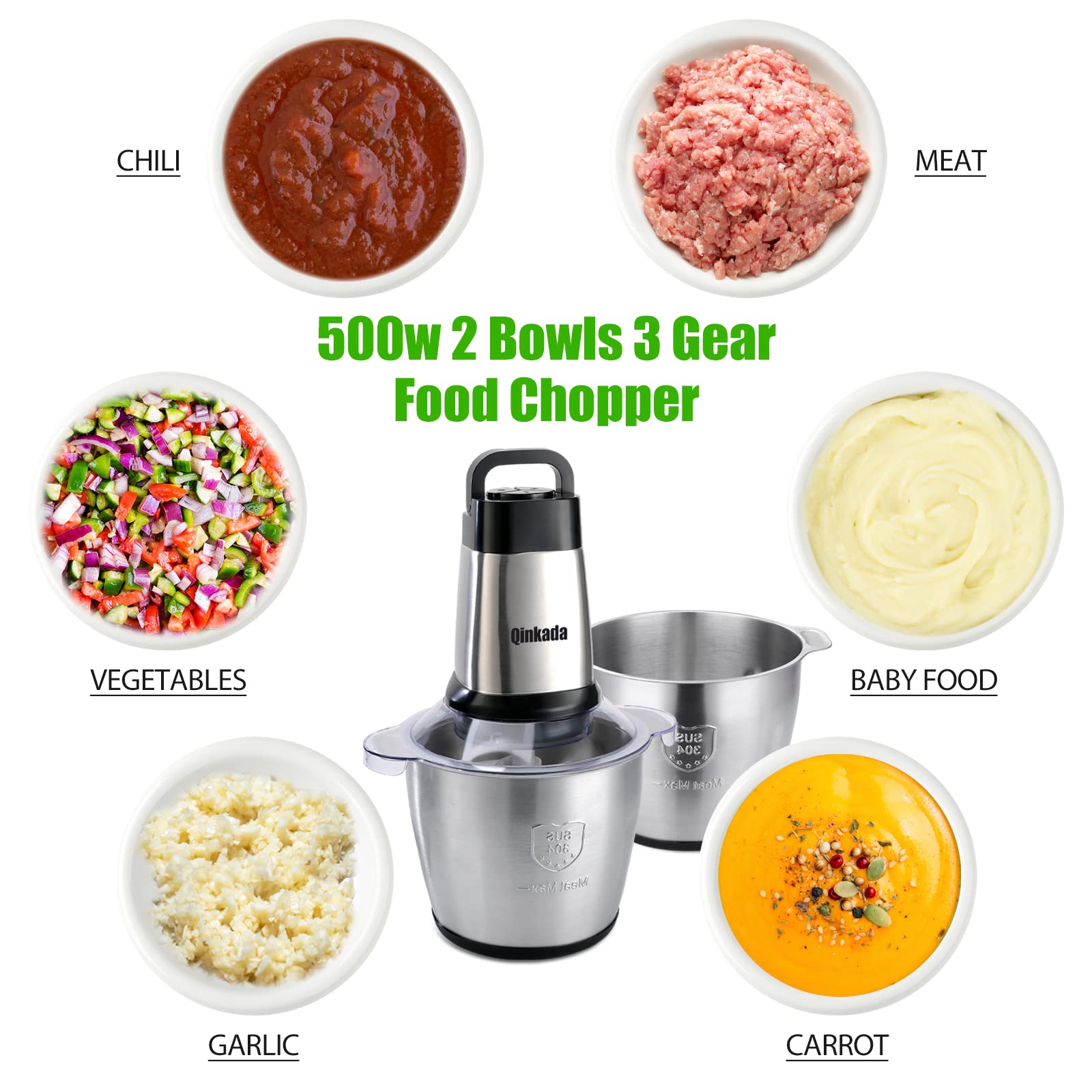 Qinkada Meat Grinder with 2 Stainless Steel Bowls, 500W Electric Food Processors, 3 Speed, 4 Bi-Level Bladesand Spatula for Baby Food, Meat, Onion, Vegetables, Fruits