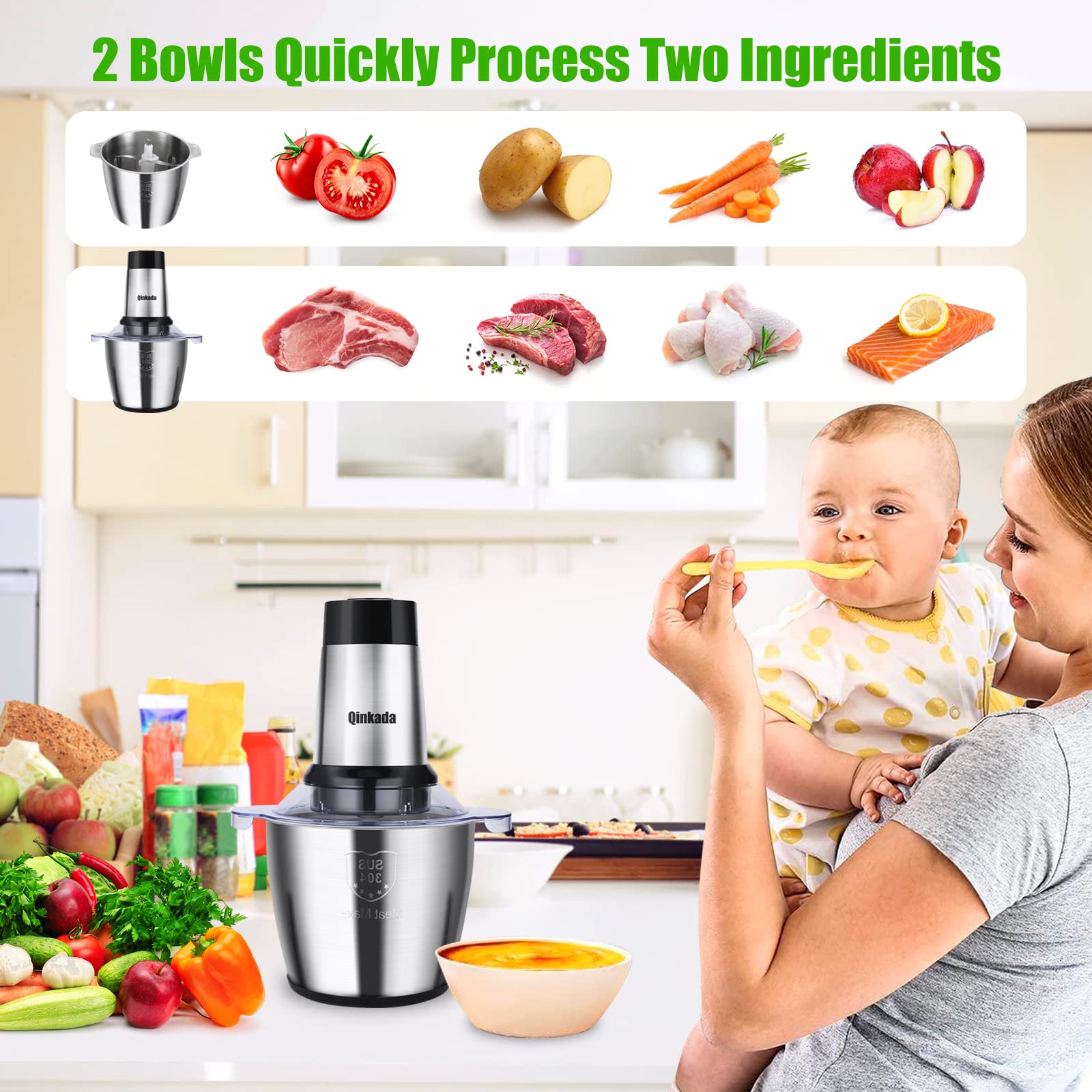 Qinkada Meat Grinder with 2 Stainless Steel Bowls, 500W Electric Food Processors, 3 Speed, 4 Bi-Level Bladesand Spatula for Baby Food, Meat, Onion, Vegetables, Fruits