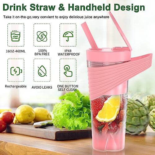 Portable blender for shakes and smoothies,Personal blender, 20000r/m,16 oz Traveling Fruit Veggie Juicer Cup With 6 Blades, Portable Blender USB Rechargeable for Sport,Gym,Office (Pink)