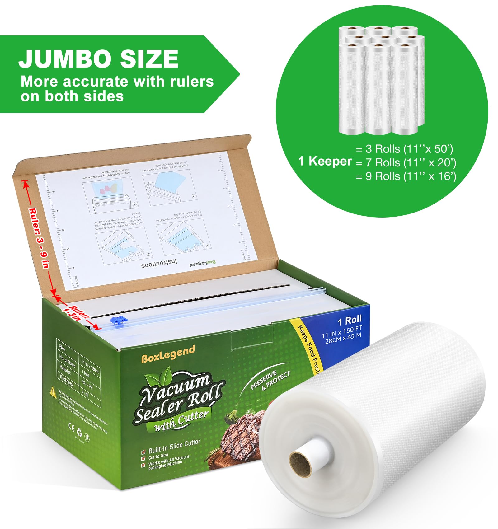 11’’ x 150’ Vacuum Sealer Roll Keeper with Cutter, Vacuum Sealer Bags for Food, Food Saver Bags Rolls, BPA Free, Commercial Grade, Great for Storage, Meal prep and Sous Vide