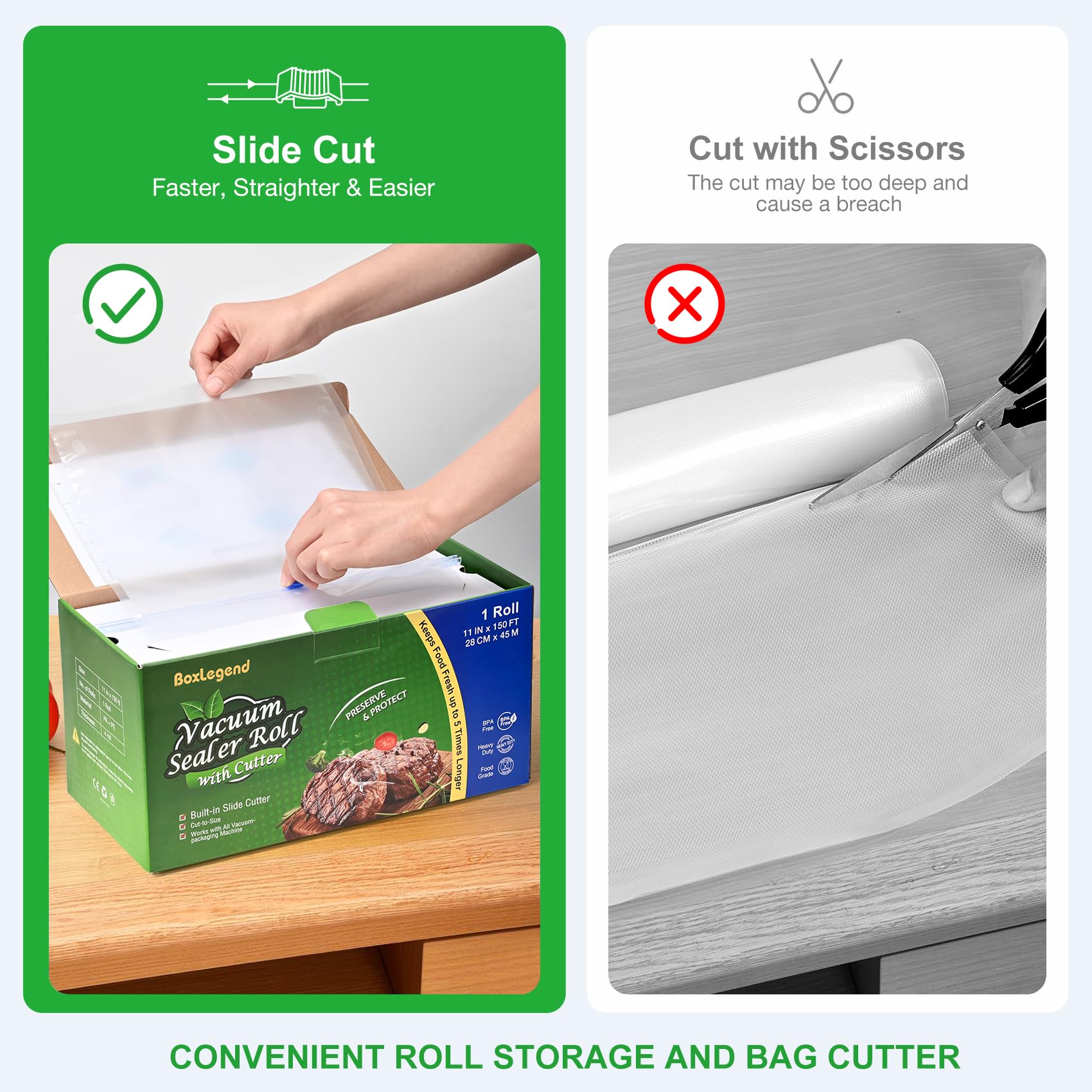 11’’ x 150’ Vacuum Sealer Roll Keeper with Cutter, Vacuum Sealer Bags for Food, Food Saver Bags Rolls, BPA Free, Commercial Grade, Great for Storage, Meal prep and Sous Vide