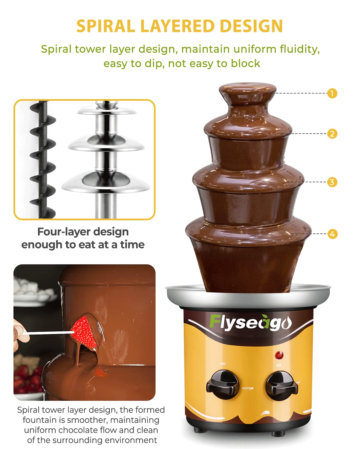 Flyseago Chocolate Fountain Machine 4 Tiers Cheese Fountain Perfect for Nacho Cheese, Chocolate Sauce, Wedding, Party