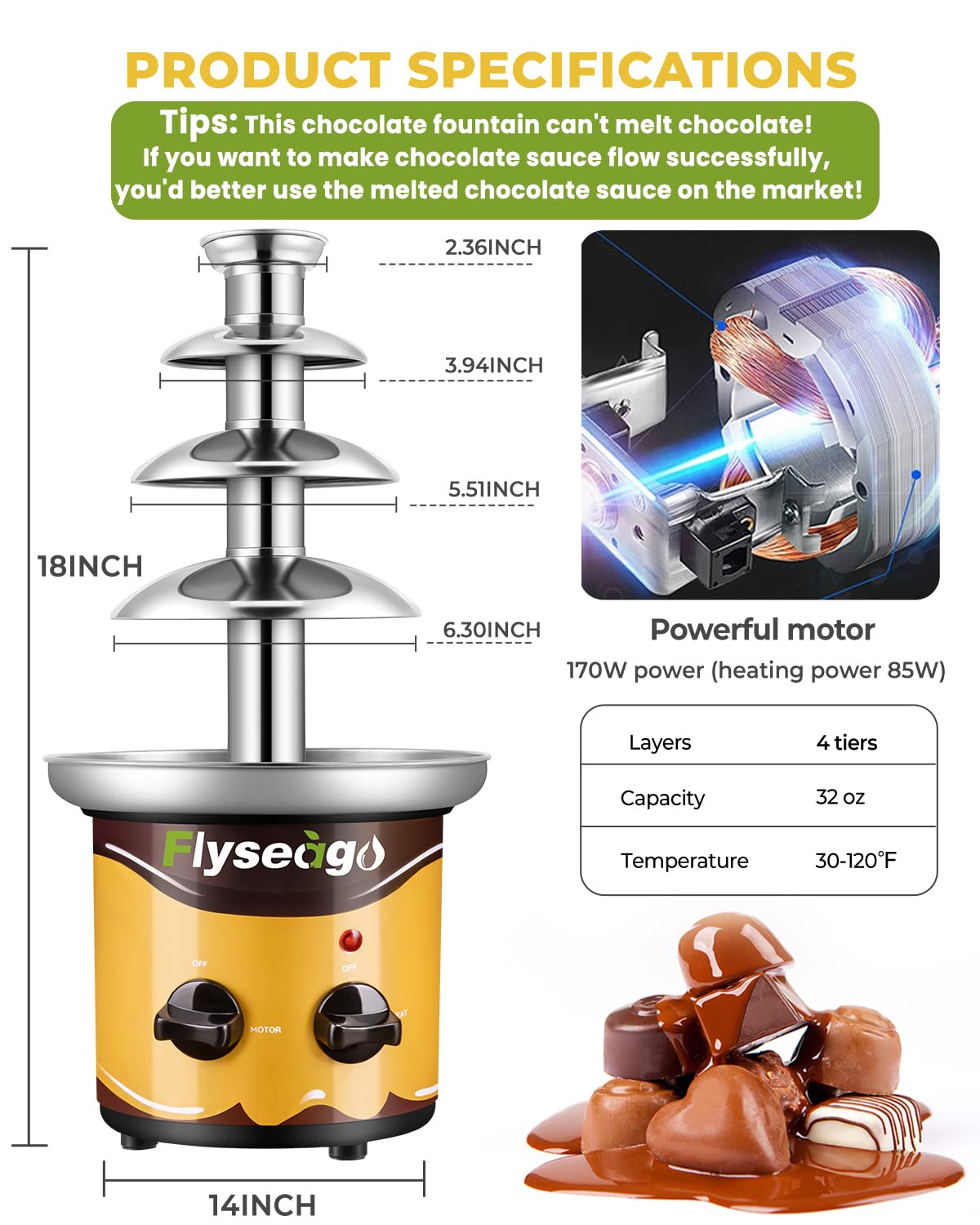 Flyseago Chocolate Fountain Machine 4 Tiers Cheese Fountain Perfect for Nacho Cheese, Chocolate Sauce, Wedding, Party