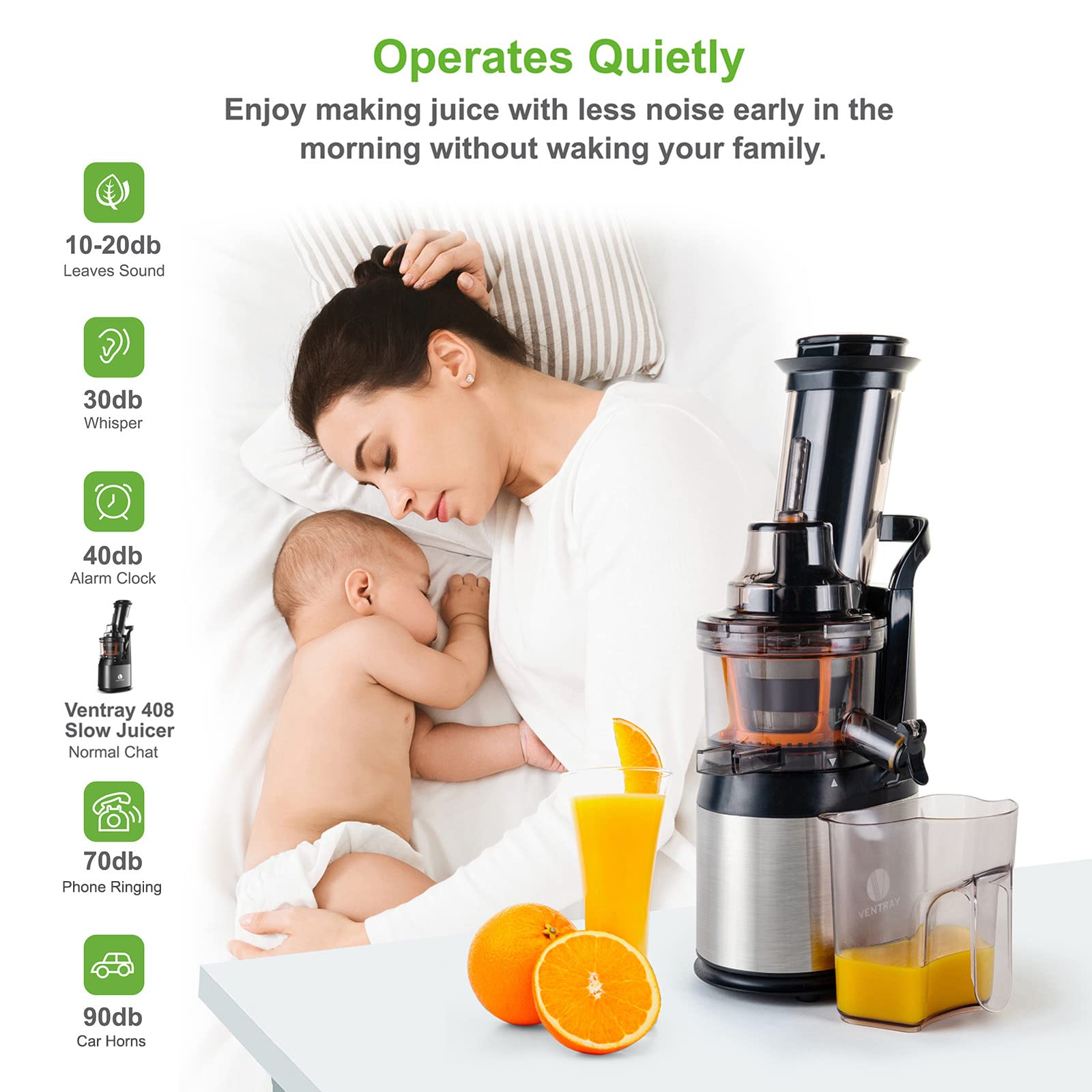 Ventray Slow Press Masticating Juicer Machine, Electric Whole Slow Cold Press Juice Extractor Maker for Citrus Orange Fruit Vegetable Compact Small Space Saving Easy to Clean BPA Free