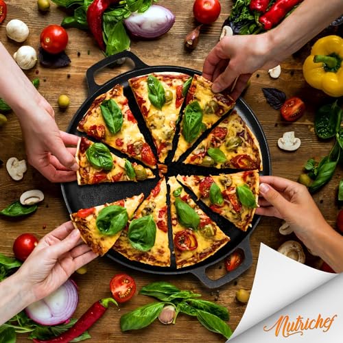 NutriChef 14-Inch Cast Iron Pizza Pan - Versatile Pre-Seasoned Round Cooking Griddle, Dosa Pan, Comal For Oven, Grill, Stove, and Campfires - Includes 2 Easy-Grip Heat Safe Silicone Handles