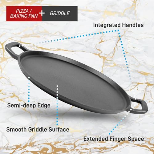 NutriChef 14-Inch Cast Iron Pizza Pan - Versatile Pre-Seasoned Round Cooking Griddle, Dosa Pan, Comal For Oven, Grill, Stove, and Campfires - Includes 2 Easy-Grip Heat Safe Silicone Handles