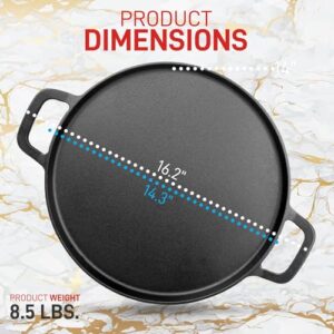 NutriChef 14-Inch Cast Iron Pizza Pan - Versatile Pre-Seasoned Round Cooking Griddle, Dosa Pan, Comal For Oven, Grill, Stove, and Campfires - Includes 2 Easy-Grip Heat Safe Silicone Handles