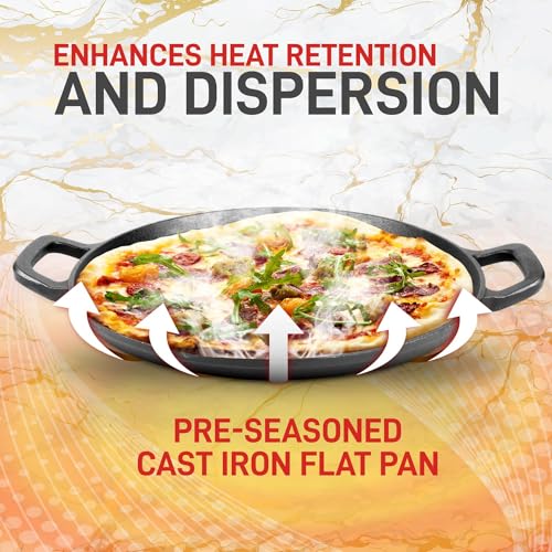 NutriChef 14-Inch Cast Iron Pizza Pan - Versatile Pre-Seasoned Round Cooking Griddle, Dosa Pan, Comal For Oven, Grill, Stove, and Campfires - Includes 2 Easy-Grip Heat Safe Silicone Handles