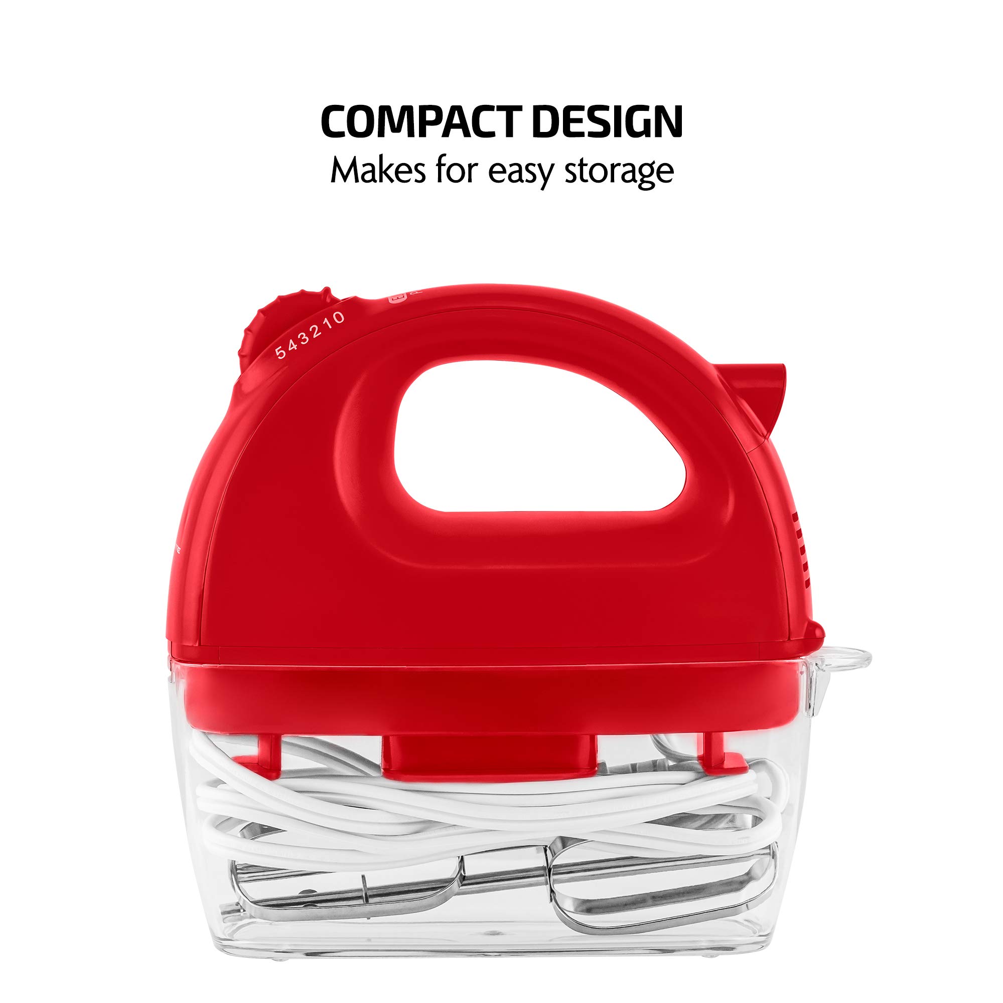 OVENTE Portable Electric Hand Mixer 5 Speed Mixing, 150W Powerful Blender for Baking & Cooking with 2 Stainless Steel Chrome Beater Attachments & Snap Clear Case Compact Easy Storage, Red HM161R