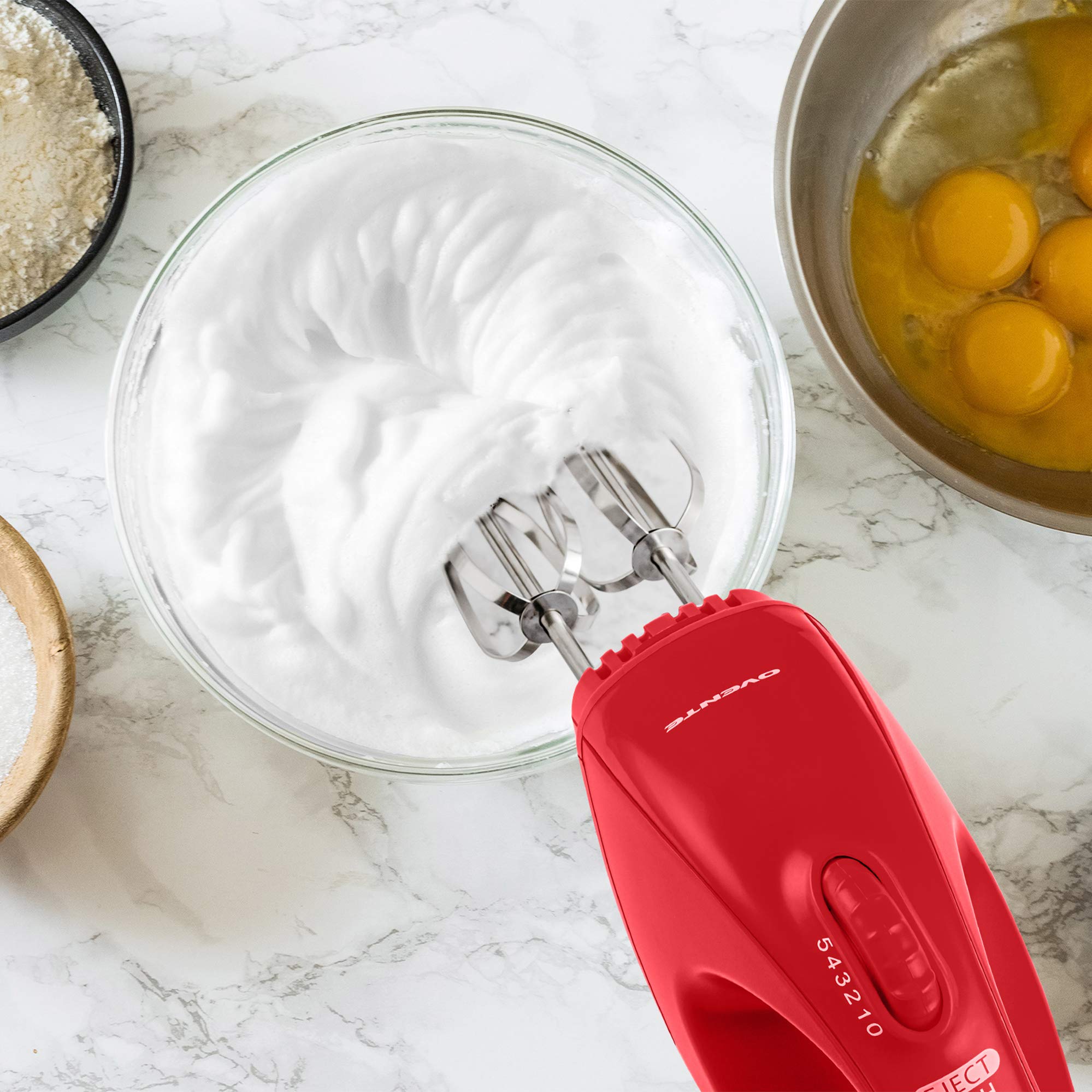 OVENTE Portable Electric Hand Mixer 5 Speed Mixing, 150W Powerful Blender for Baking & Cooking with 2 Stainless Steel Chrome Beater Attachments & Snap Clear Case Compact Easy Storage, Red HM161R